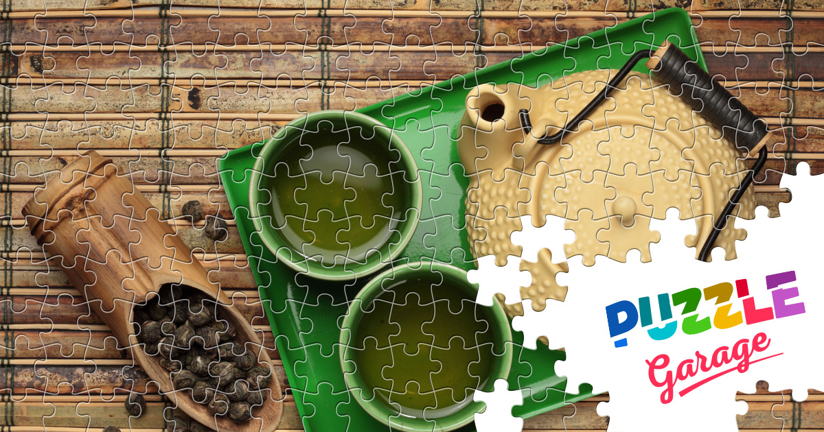 Teapot and cups with green tea Jigsaw Puzzle (Home, Food) | Puzzle Garage
